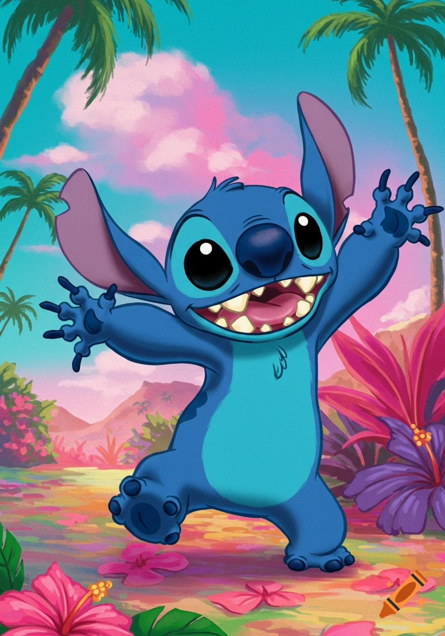 Blue cartoon character Stitch jumps excitedly in a tropical scene with ...