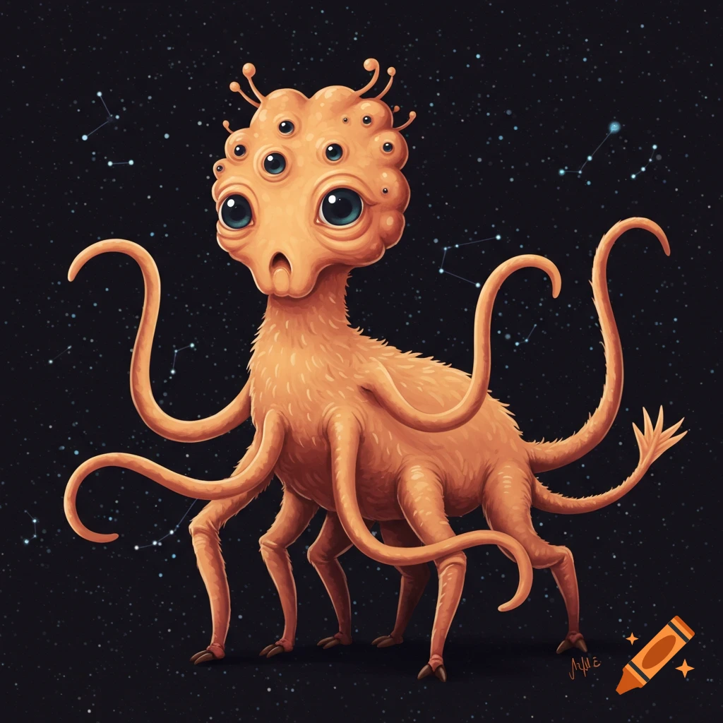Orange furry alien creature with multiple eyes and tentacles standing on a surface in space. on ...