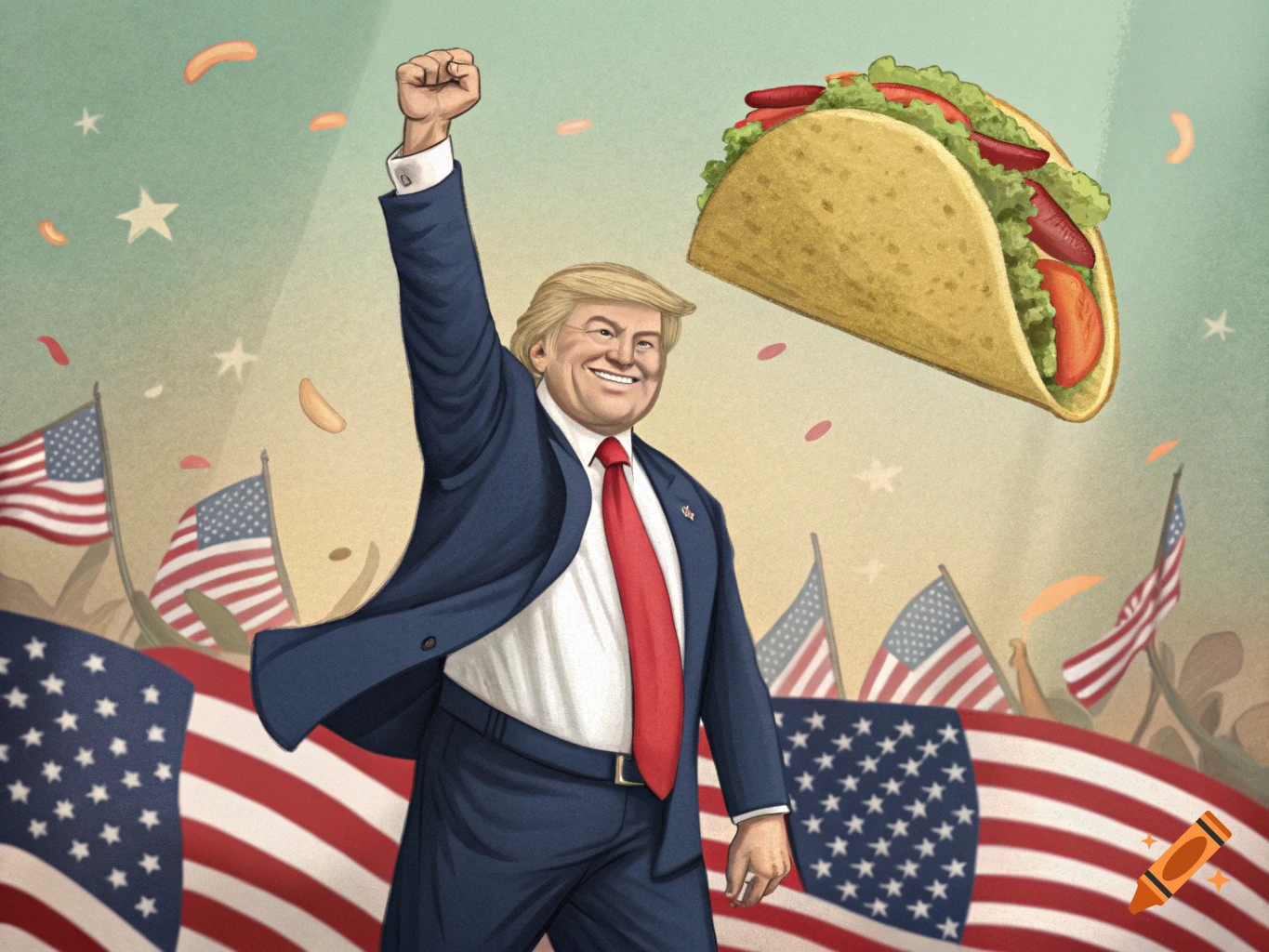 Illustration of Donald Trump raising his fist with a taco above his ...