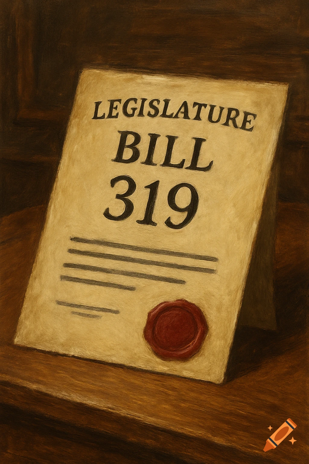A document titled Legislature Bill 319 with a wax seal sits on a wooden ...