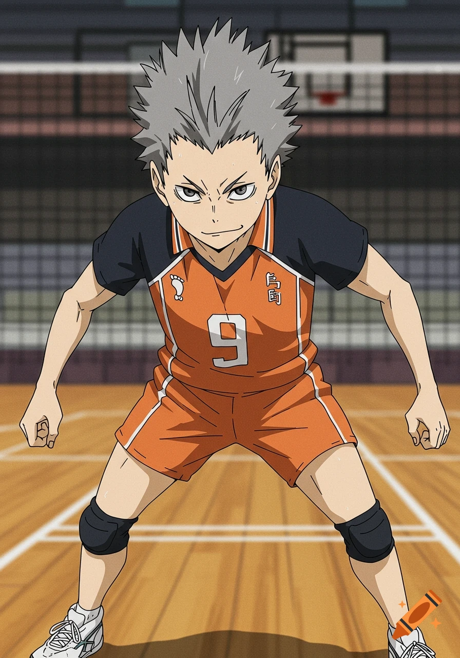 Anime character with grey spiky hair in an orange and black volleyball ...