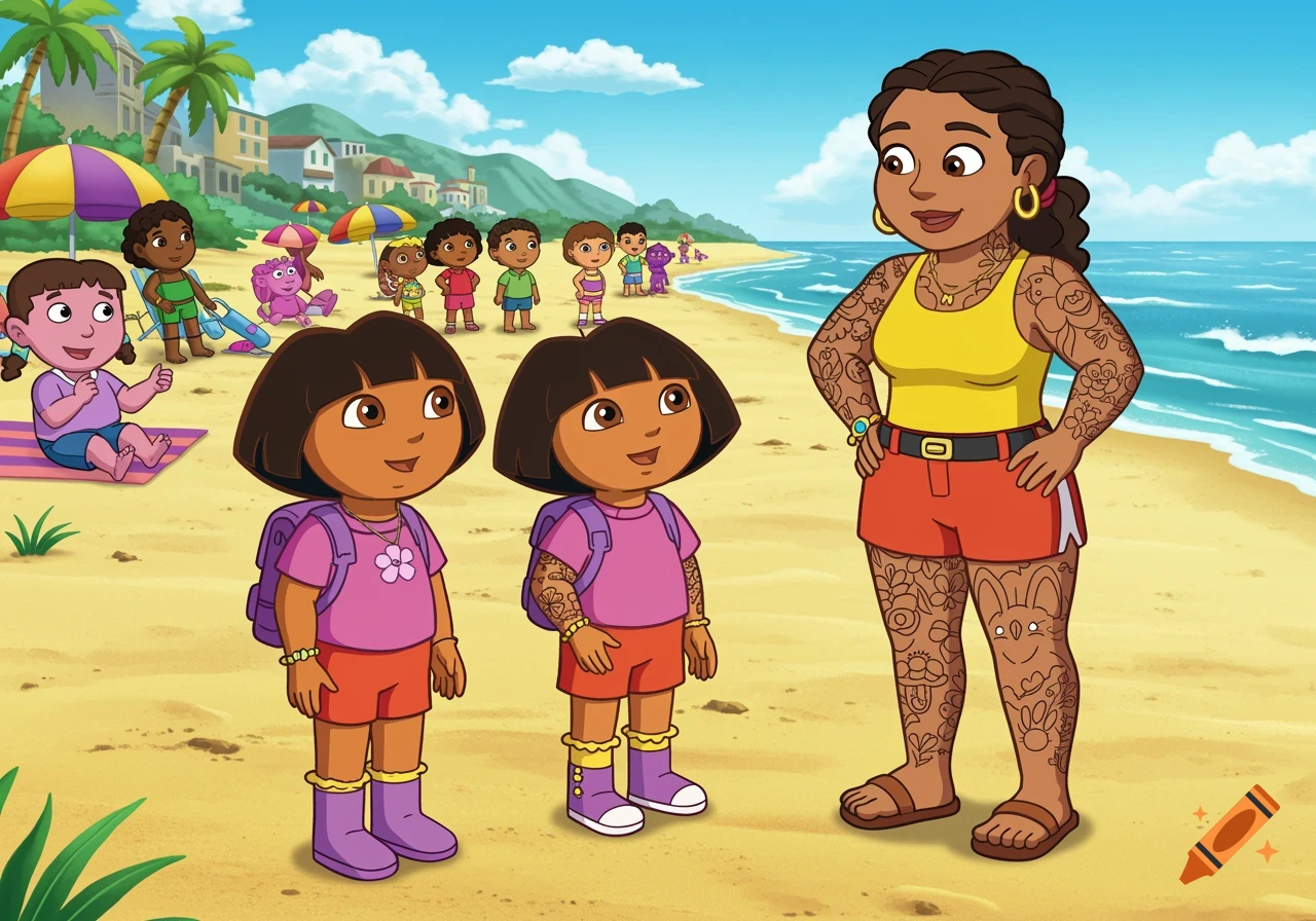 Cartoon of Dora the Explorer characters and a tattooed lifeguard at the ...