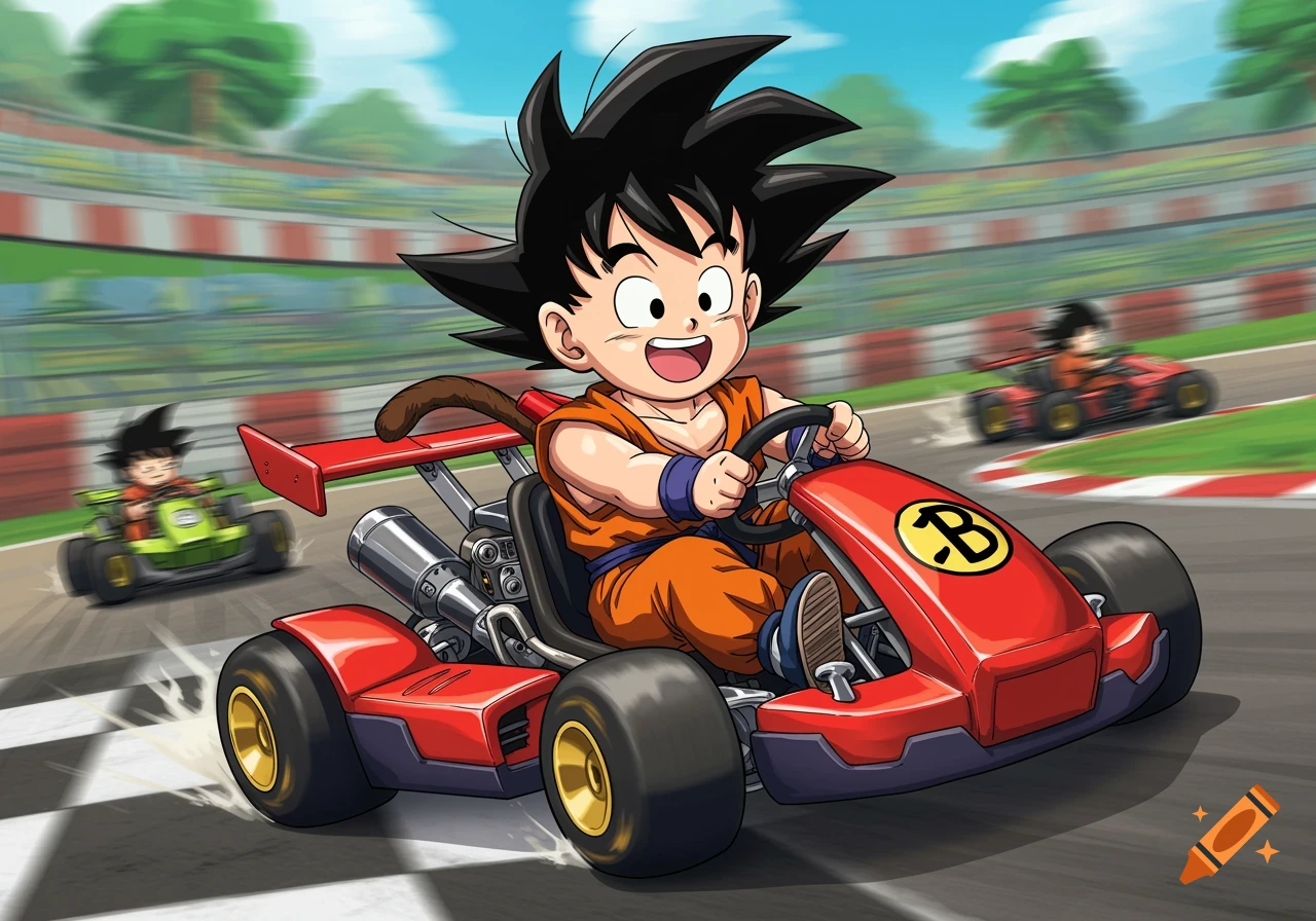 Kid Goku races a red kart on a track in an anime style. on Craiyon