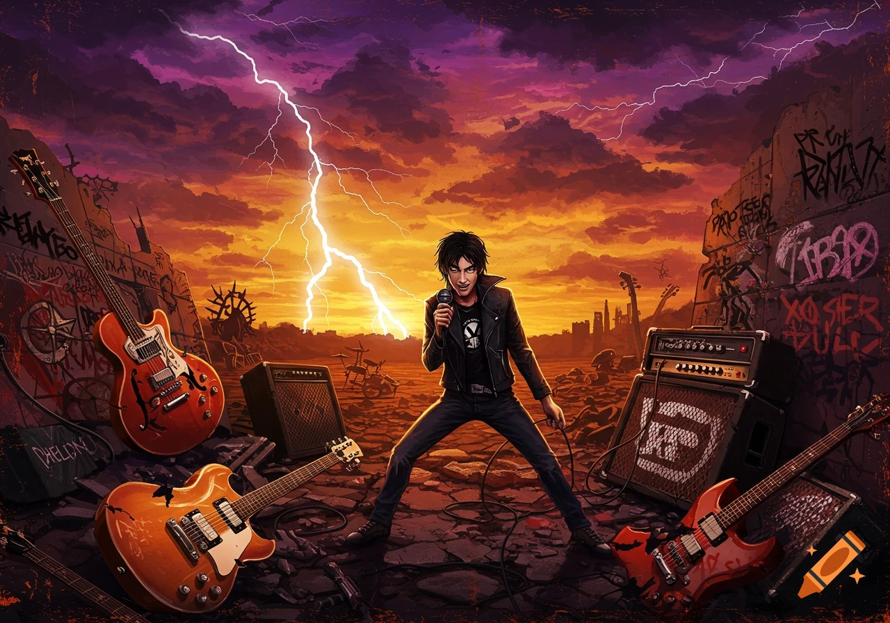 A rock musician performs in a ruined landscape with lightning, guitars ...