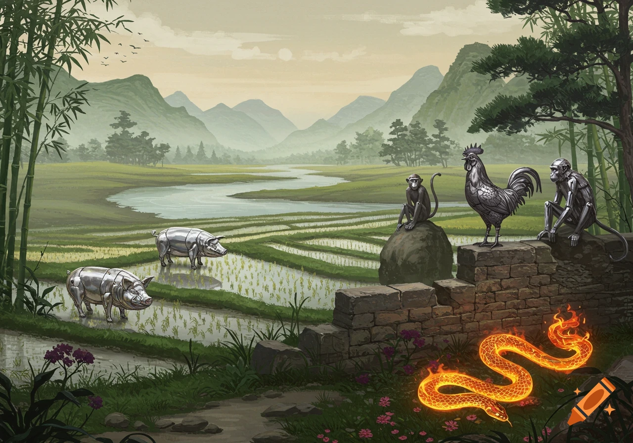 Illustration of metallic pigs, monkeys, rooster, and a fire snake in a ...