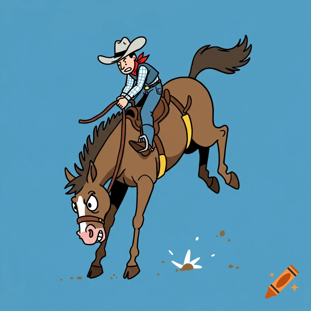 Cartoon cowboy rides a bucking bronc horse on Craiyon