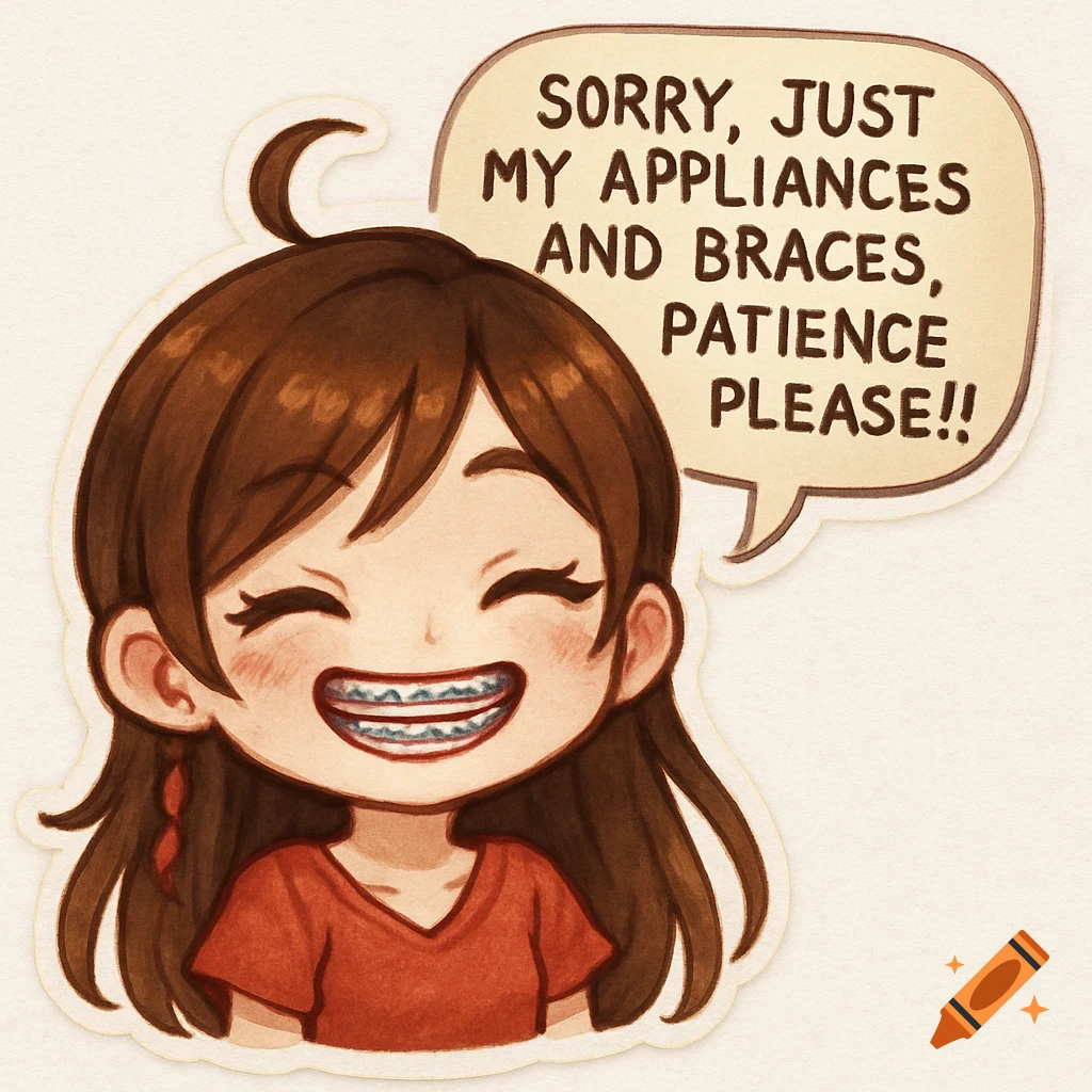 Chibi girl in anime style with braces and a speech bubble saying 'SORRY ...