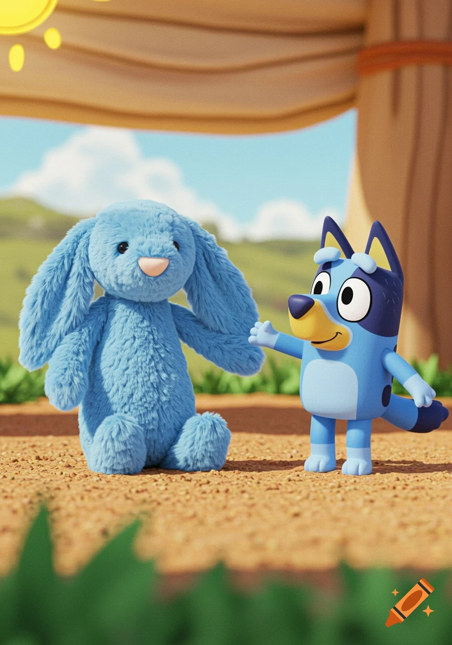 A Bluey character stands next to a large blue plush bunny toy. on Craiyon