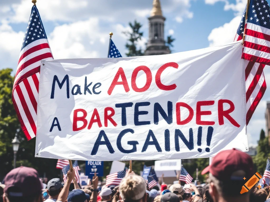 Political rally with a banner reading 'Make AOC a Bartender Again!!' surrounded by American ...