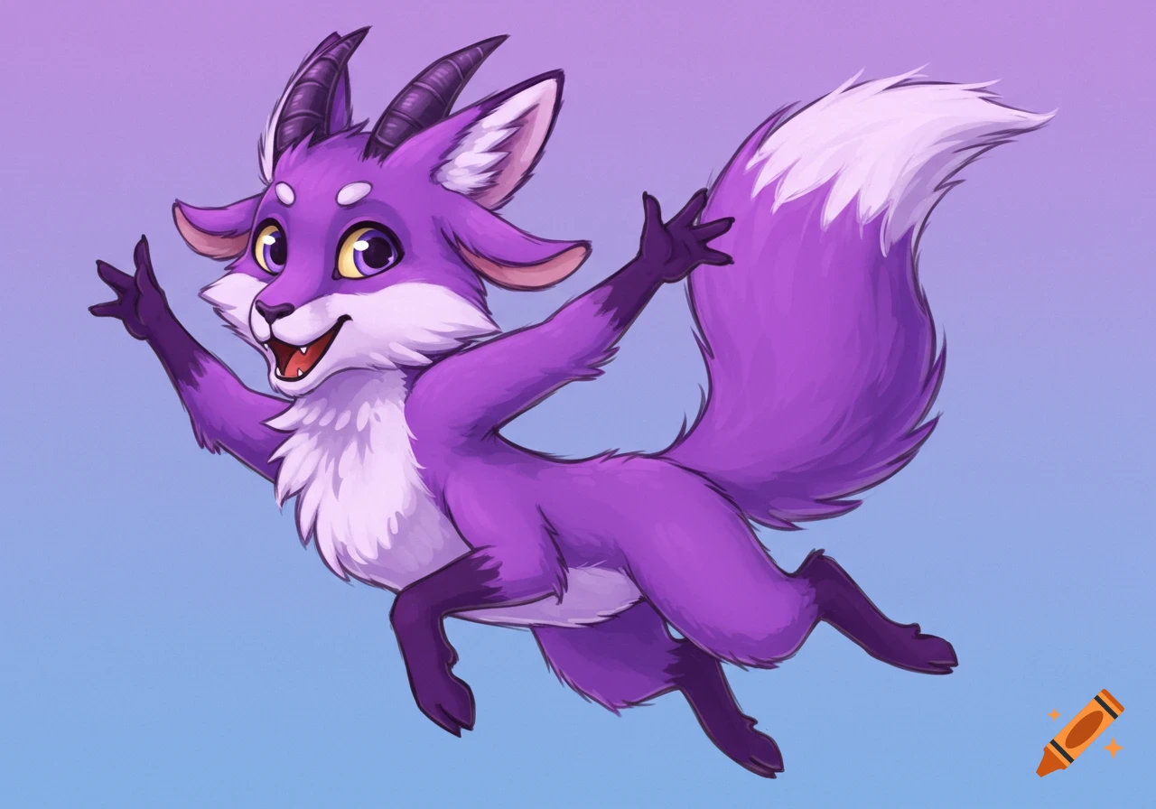 A cheerful purple fox-goat hybrid creature floats in the air in a ...