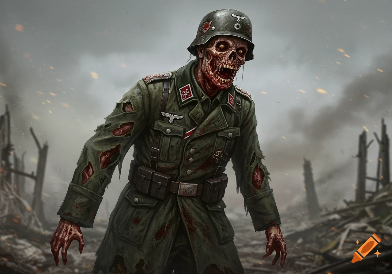 A zombie soldier in a tattered WWII uniform stands in ruins, digital ...