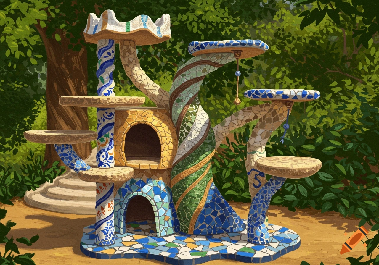 A multi-level cat tree decorated with colorful mosaics in the style of ...