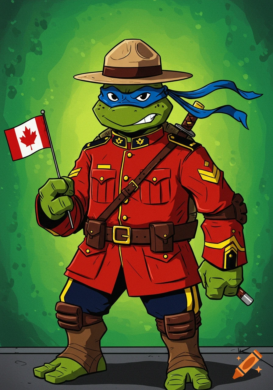 Leonardo from TMNT as a Canadian Mountie holding a flag, cartoon style ...