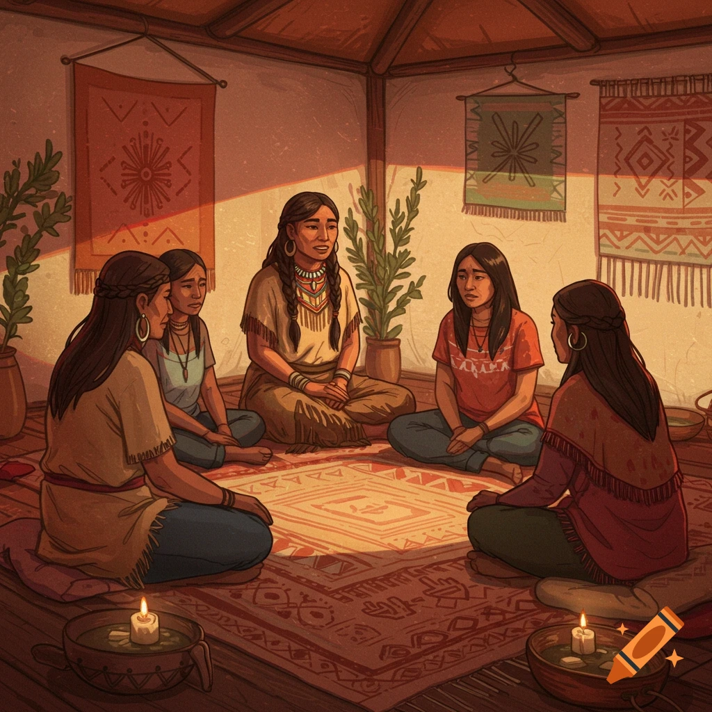 Illustration of Indigenous women sitting in a circle indoors on a rug ...