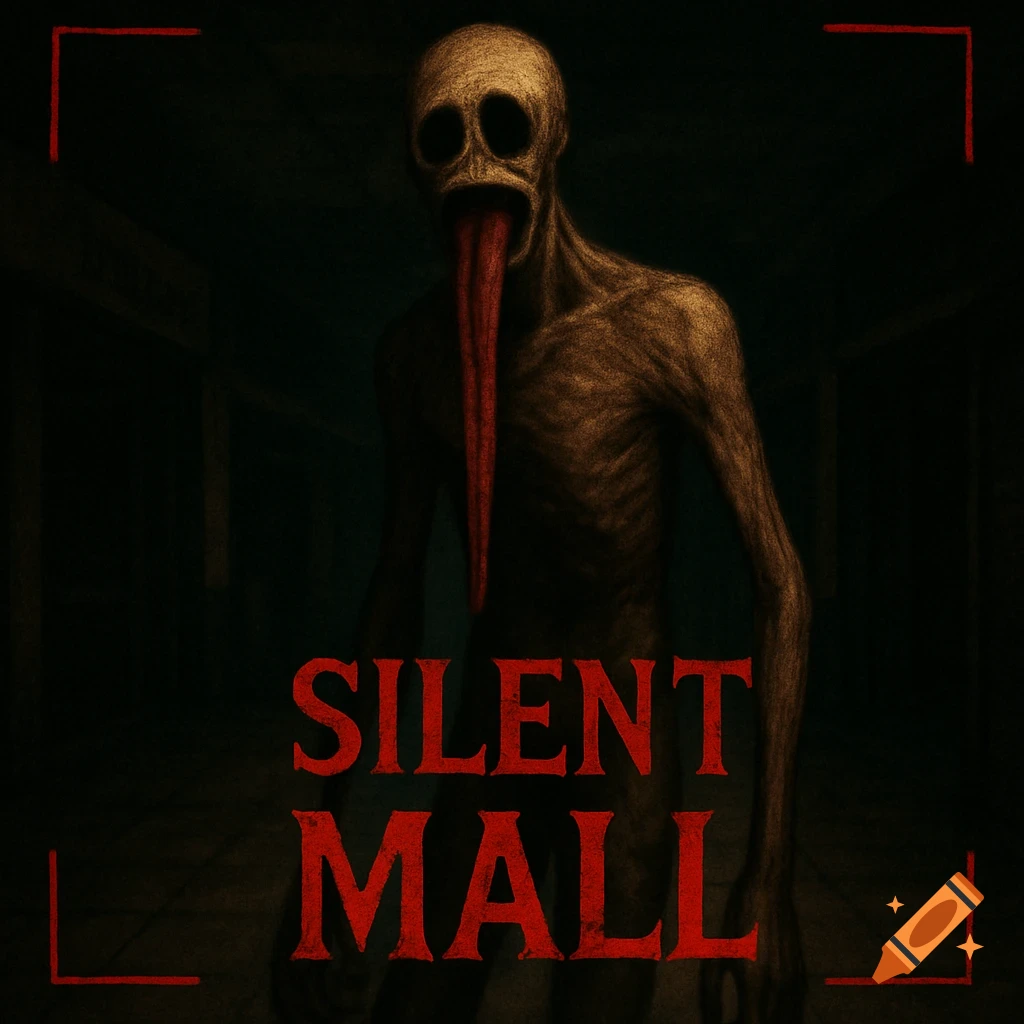 A creepy, skinny monster with a long red tongue stands in a dark mall ...