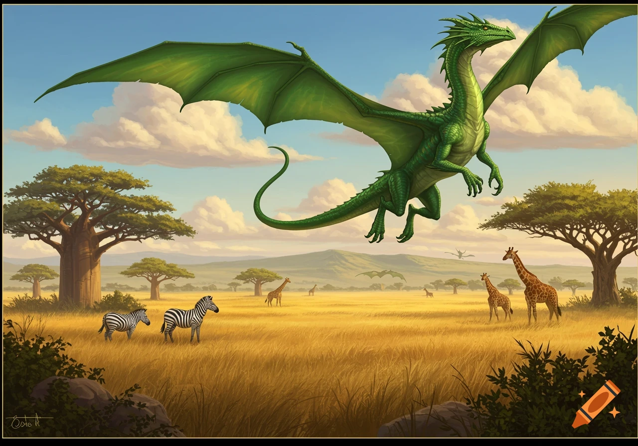 A green dragon flies over a sunlit African savanna with zebras and ...