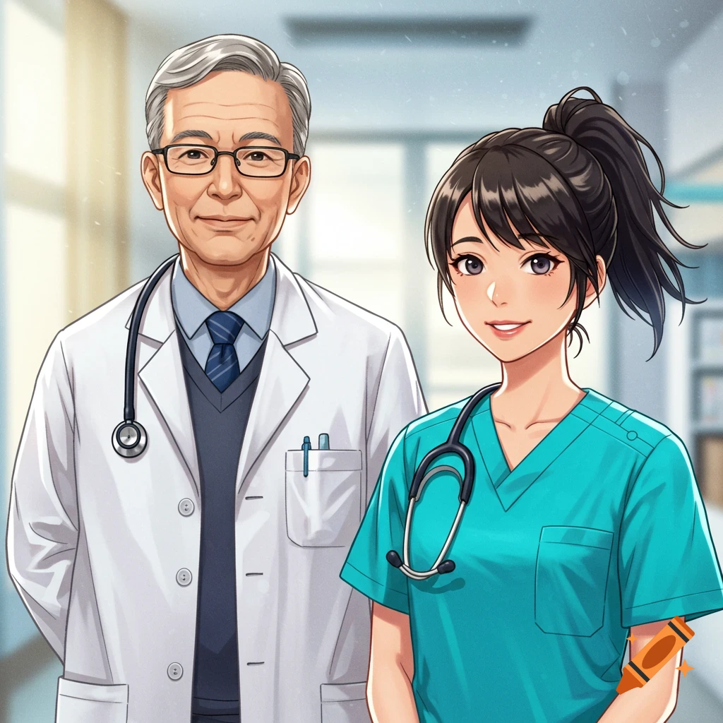 Anime illustration of a male doctor and a female nurse smiling in a ...