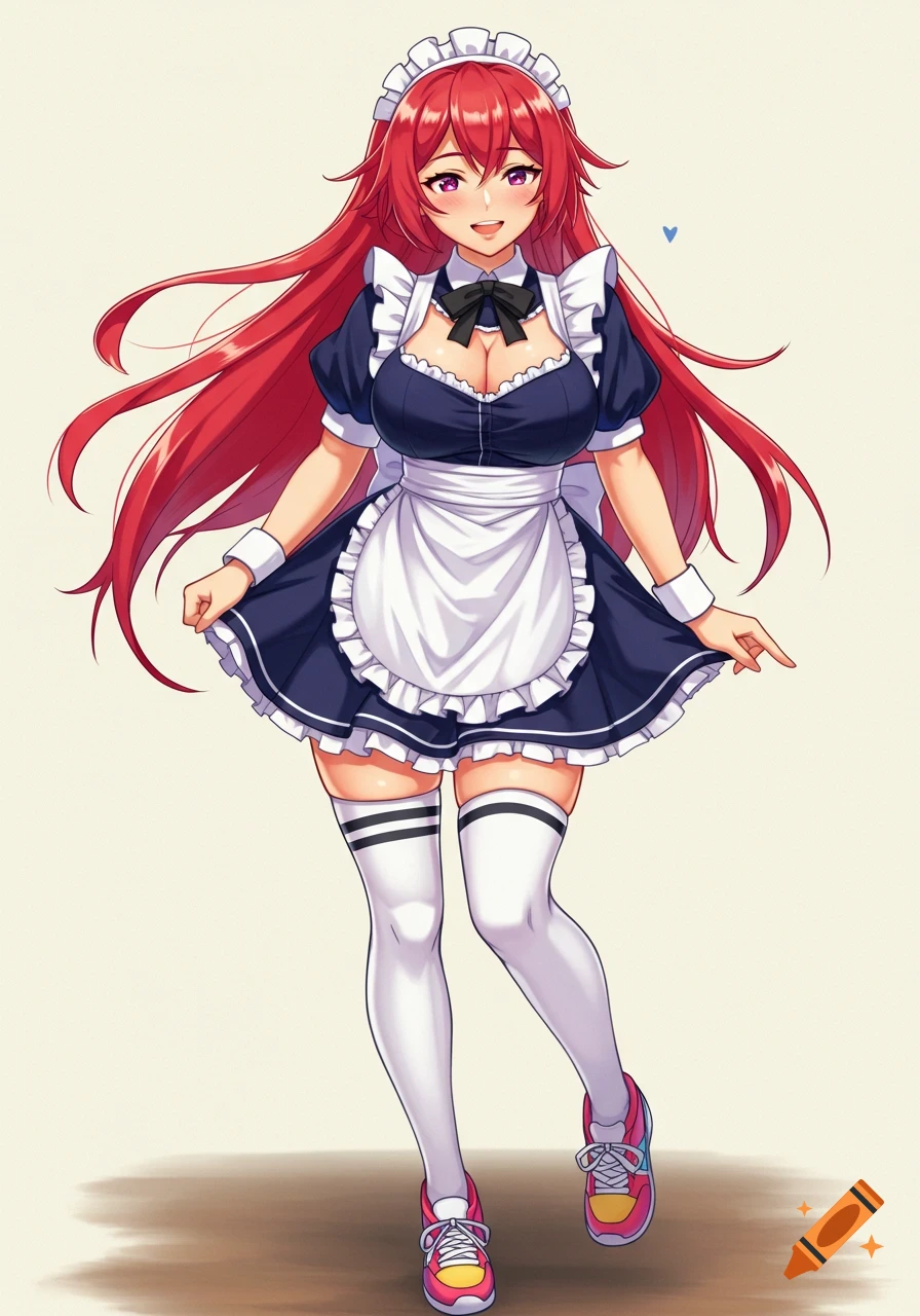 Anime girl with red hair in a maid outfit, thigh-high socks, and ...