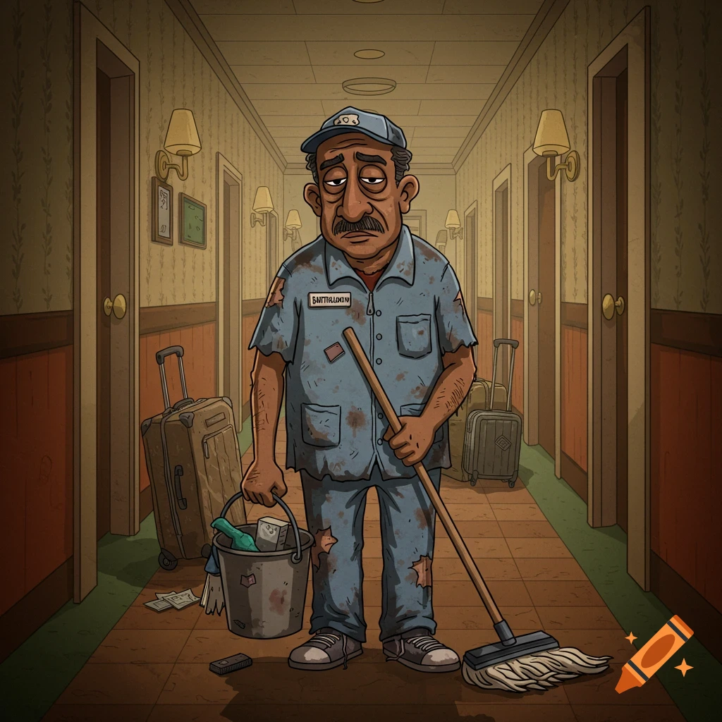 Cartoon janitor in a hotel hallway holding a mop and bucket. on Craiyon