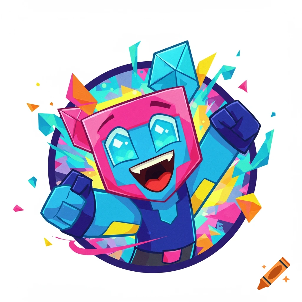 Colorful geometric character in a style resembling Geometry Dash ...