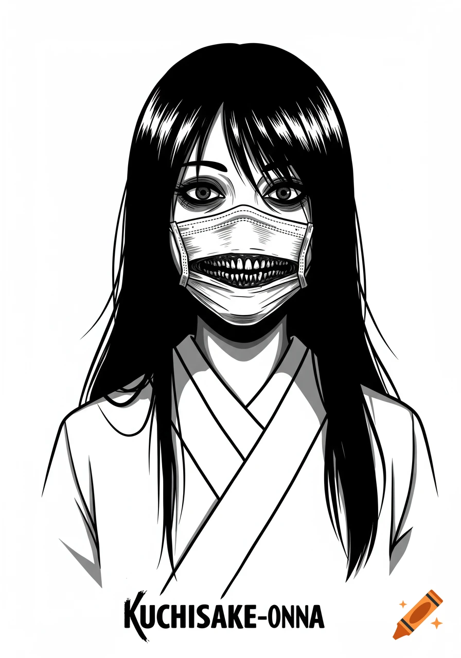 Black and white illustration of Kuchisake-Onna, a horror figure with ...
