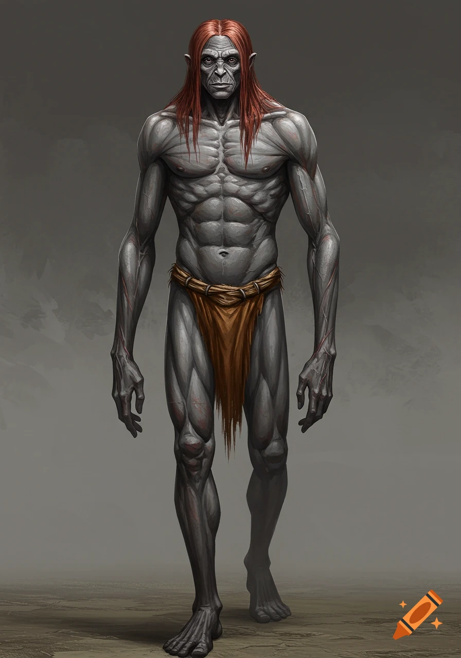An illustration of a tall, muscular, grey-skinned humanoid with long ...