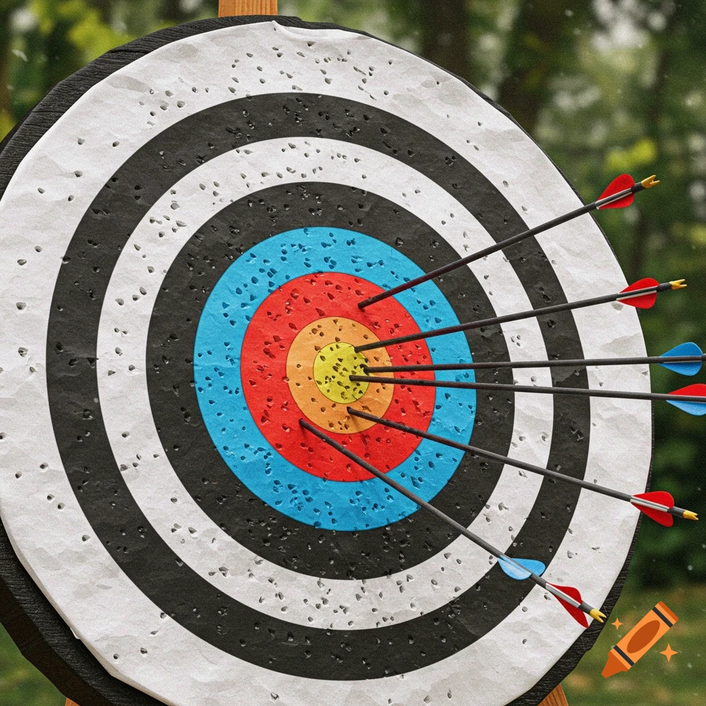 Close-up of an archery target board with several arrows hitting the ...