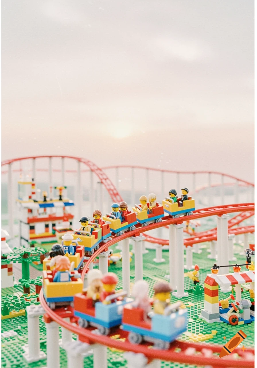 Close-up view of a LEGO roller coaster with minifigures riding the cars ...