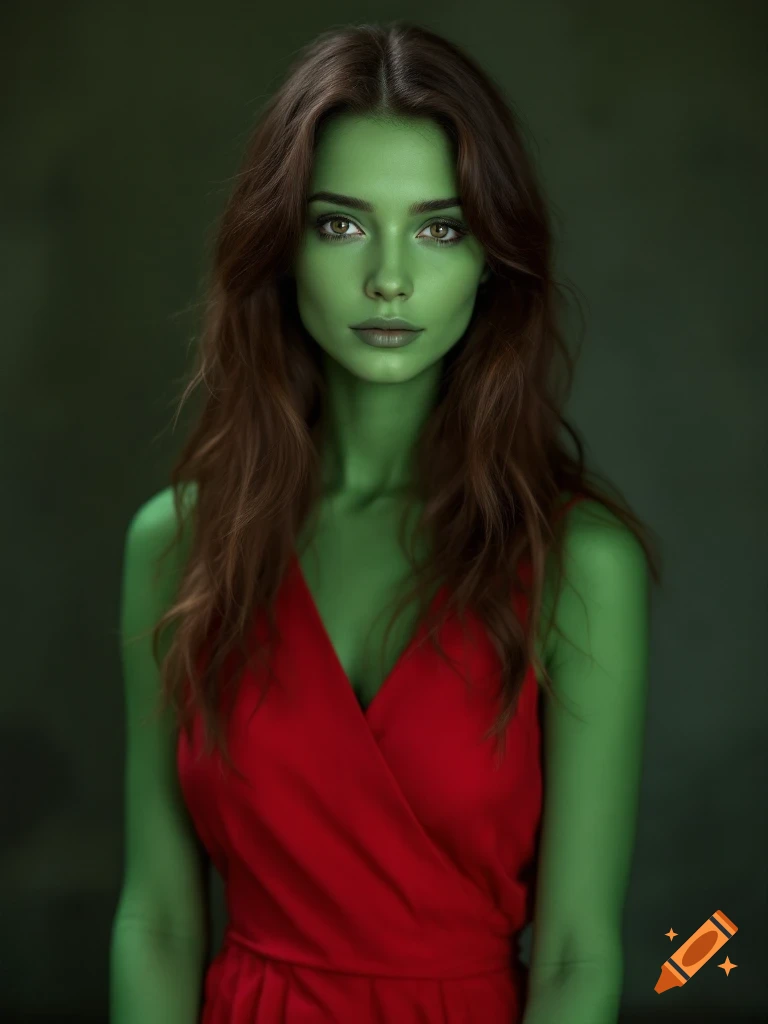 Portrait of a woman with green skin and brown hair wearing a red dress ...