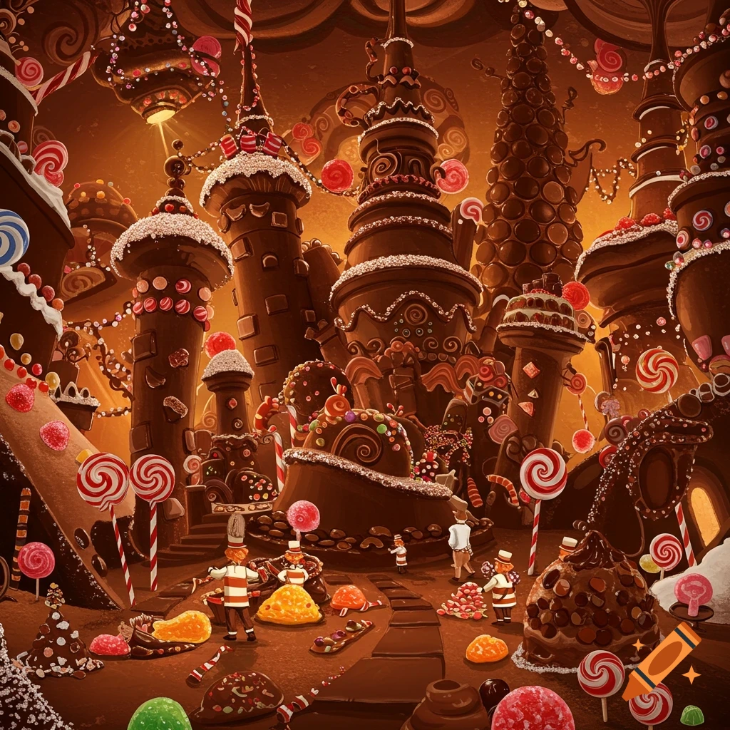 A fantasy landscape made of chocolate and candy, featuring intricate ...