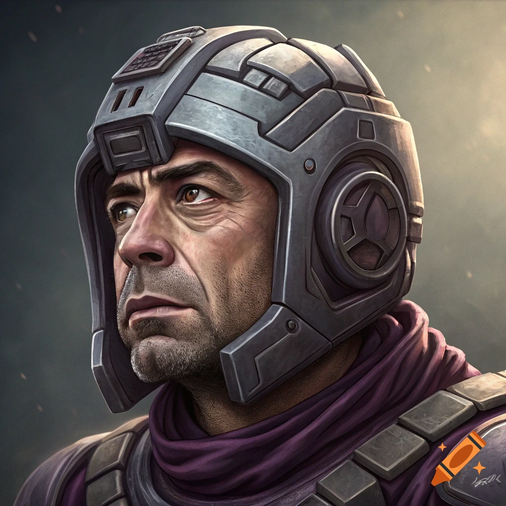 Close-up portrait of a man wearing a large, blocky sci-fi helmet. on ...