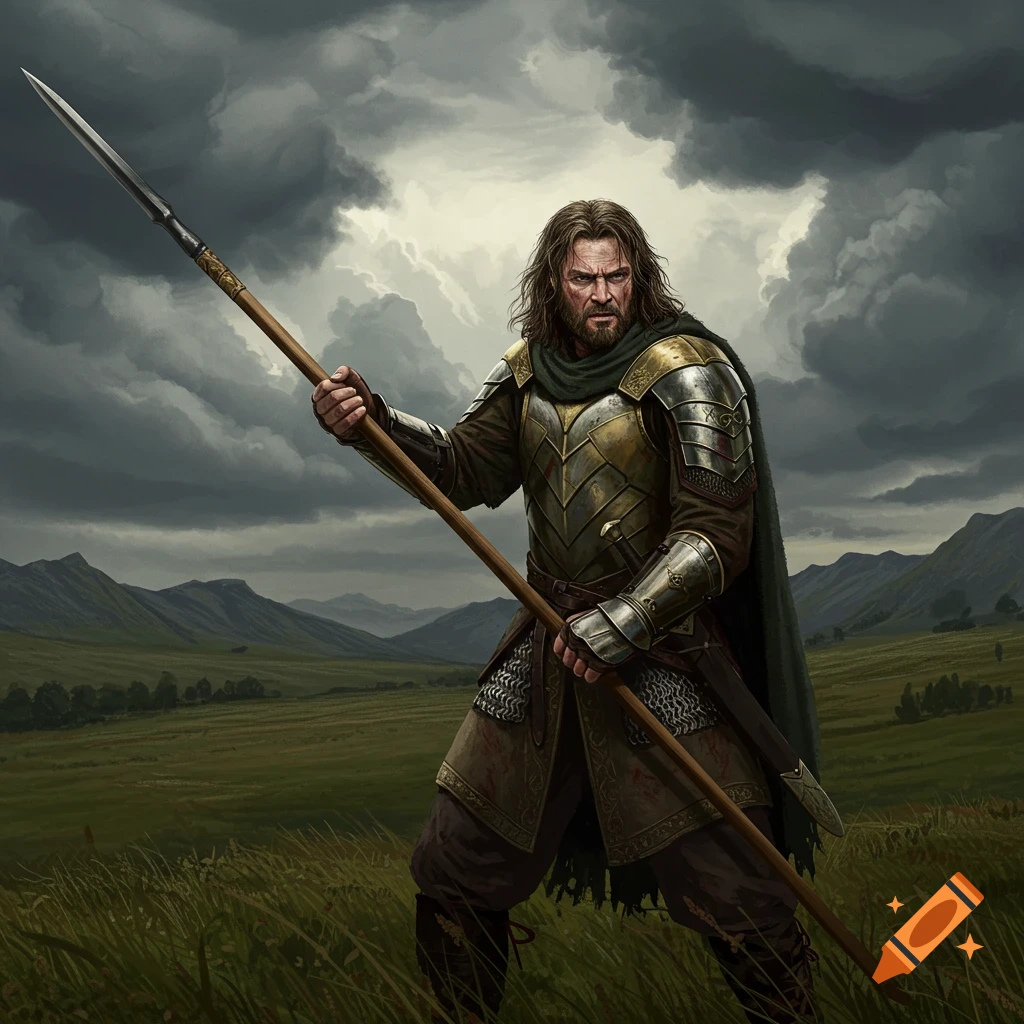 A fantasy warrior in armor holds a spear in a stormy landscape. on Craiyon