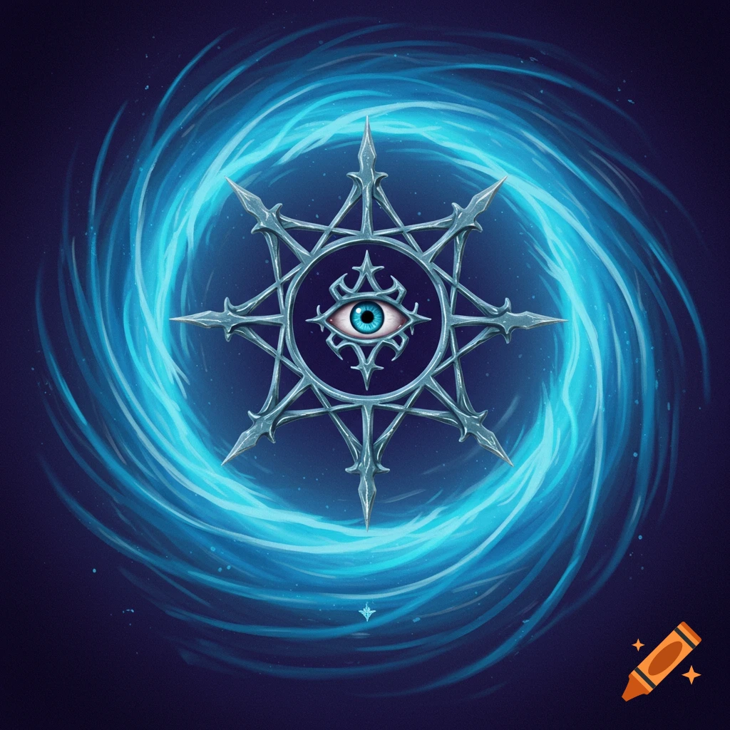 Blue swirling vortex around a silver spiked sigil with a central eye on ...