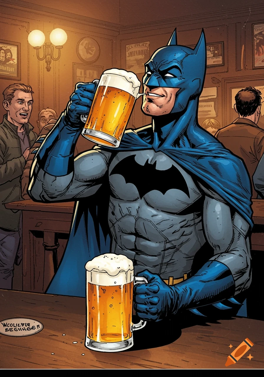 Batman drinking beer in a bar, comic book art style. on Craiyon
