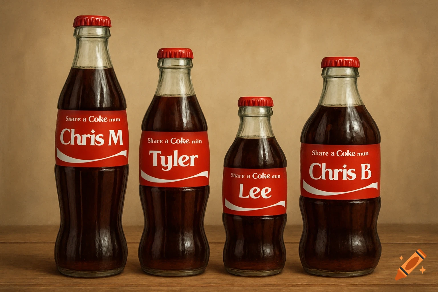 Four Coca-Cola bottles of different sizes with names on the labels. on ...