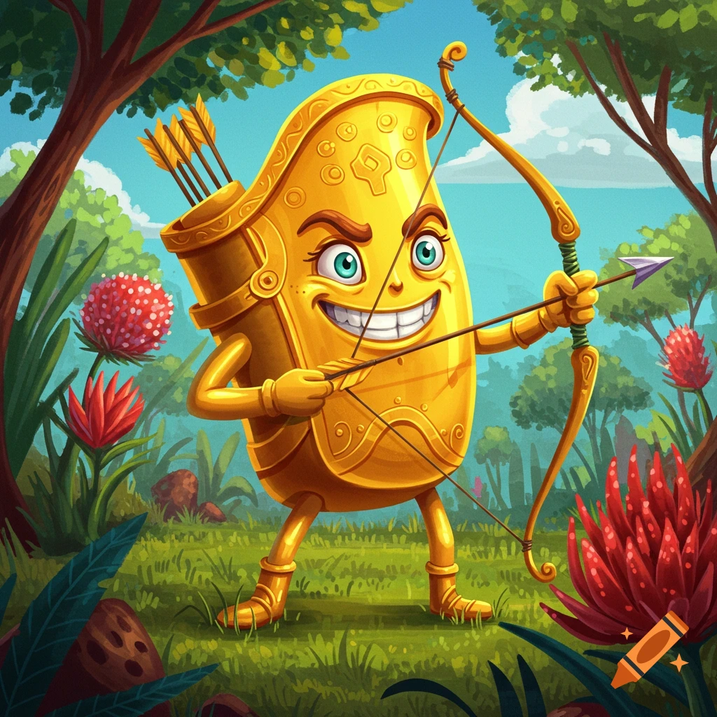 A cartoon illustration of a golden quiver character with arms and legs ...