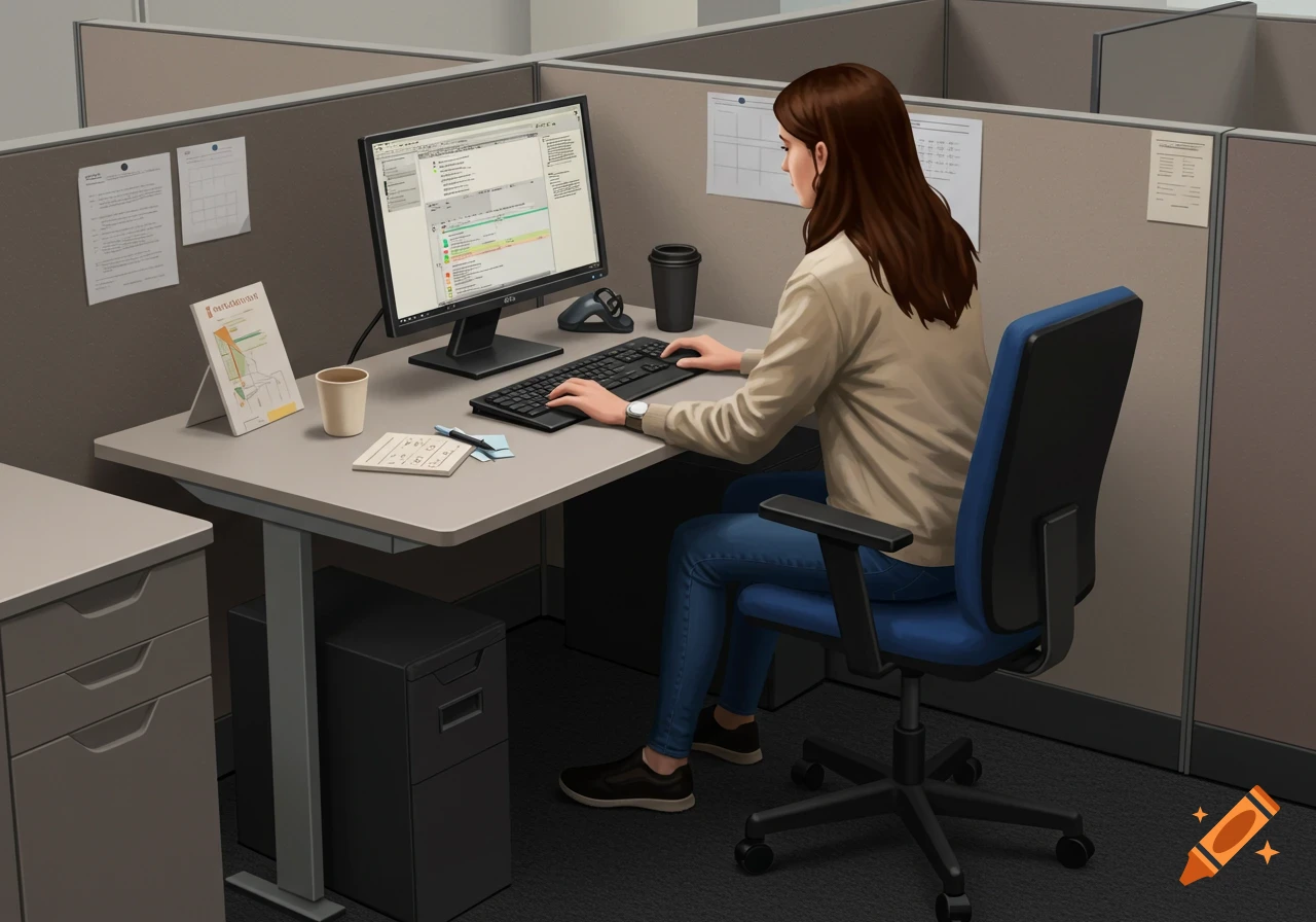 Woman works at computer in office cubicle on Craiyon