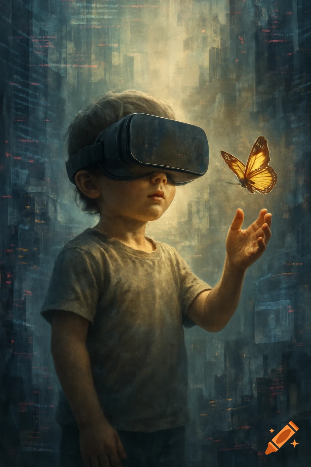 Child with VR goggles reaches for a butterfly in a digital cityscape ...