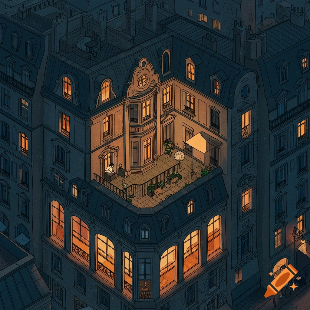 Isometric illustration of detailed buildings at night with glowing ...