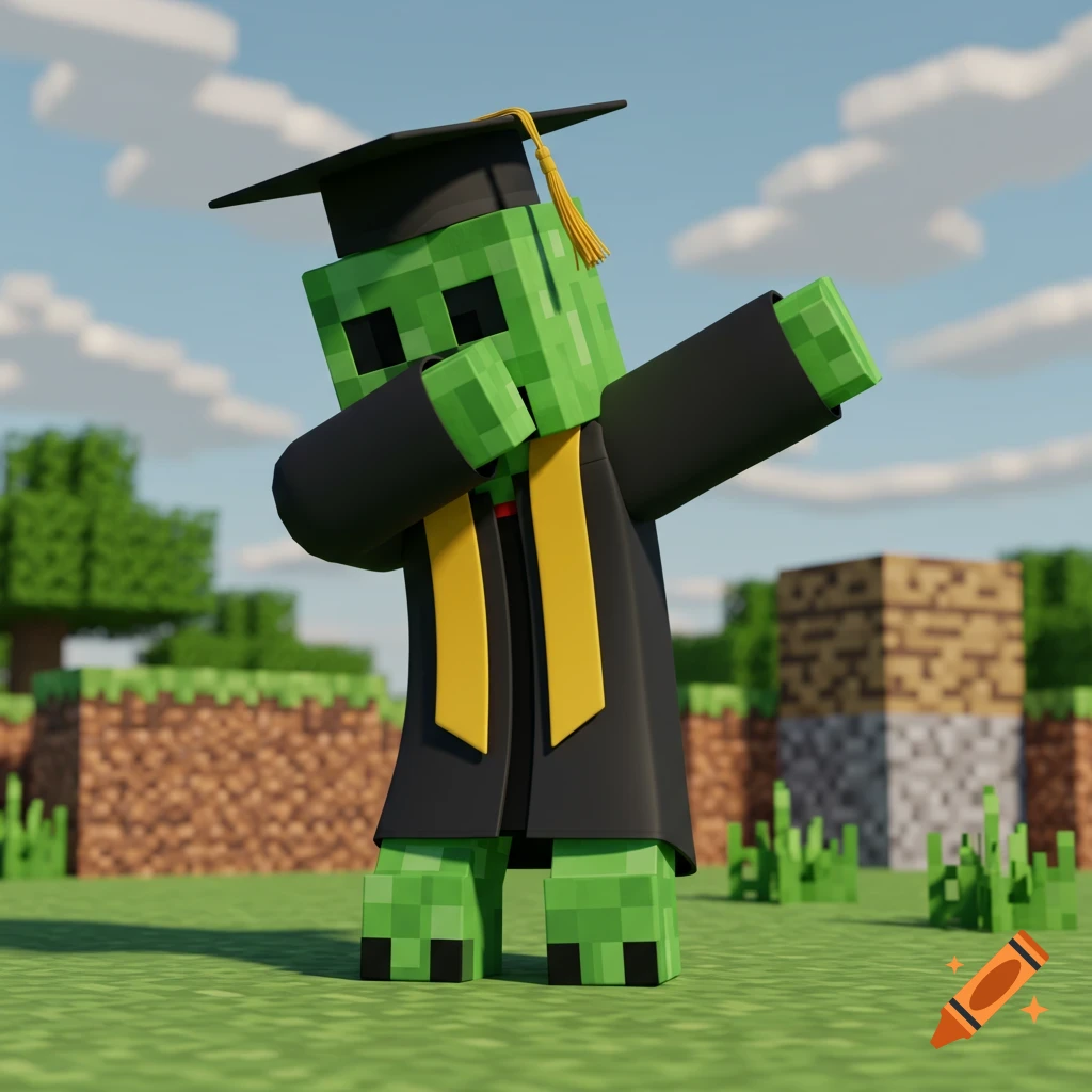 Minecraft character in graduation cap and gown dabbing in a blocky ...