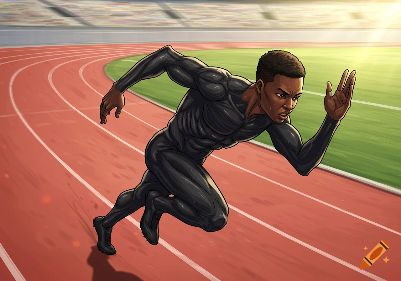 Stylized illustration of a young Black man running on a track. on Craiyon