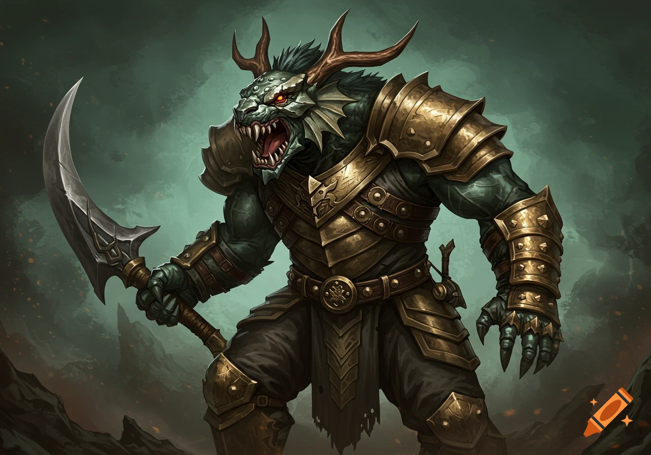 Dragon-like monster in ornate golden armor holding a curved sword ...