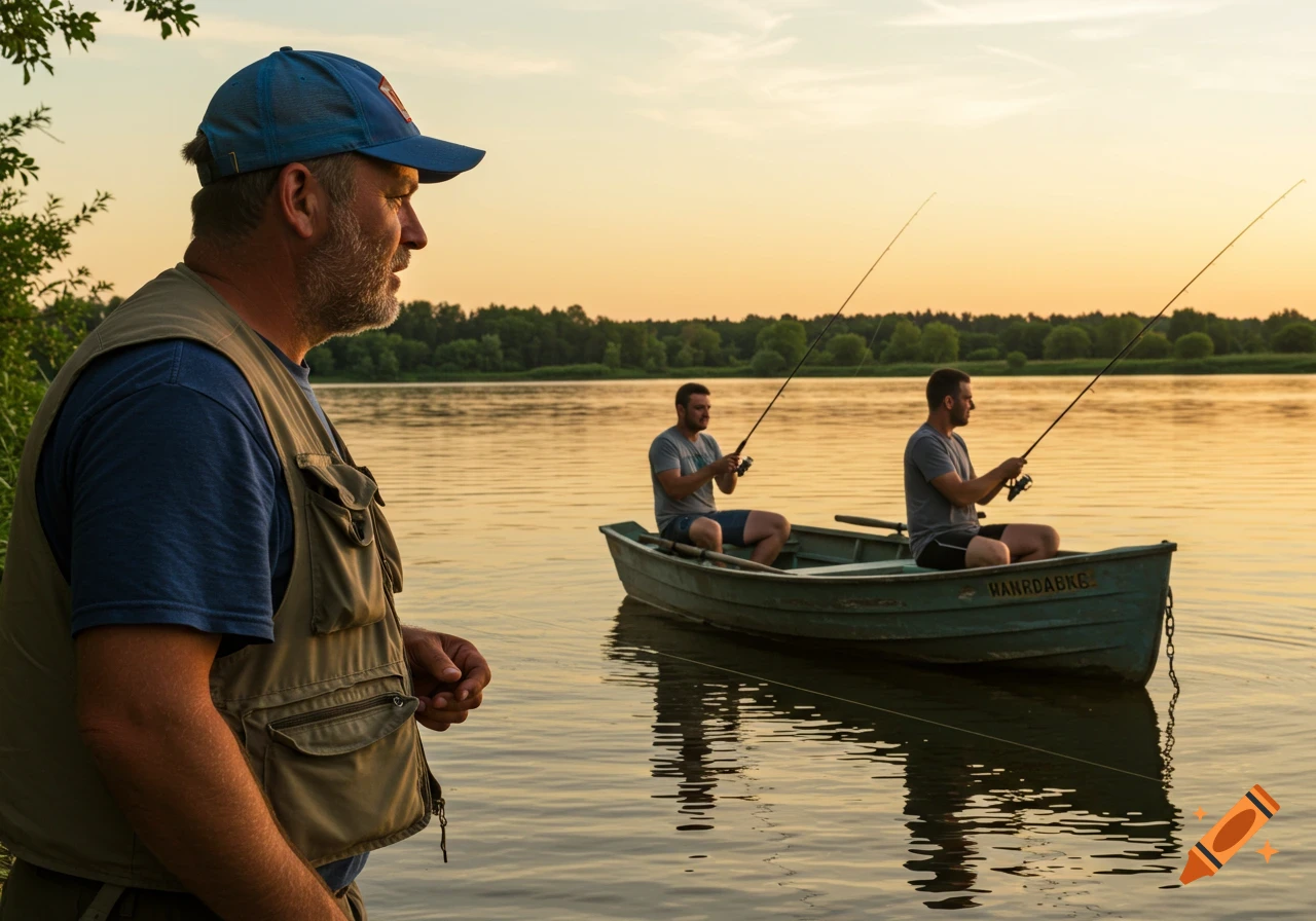A man watches two friends fish from a boat on a lake at sunset. on Craiyon