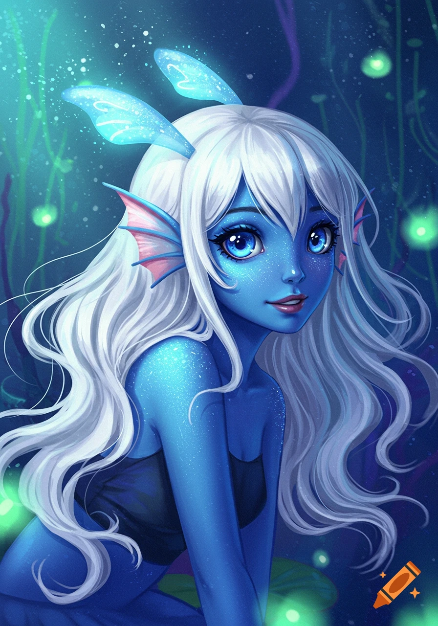 Anime illustration of a blue-skinned fish alien girl with white hair ...