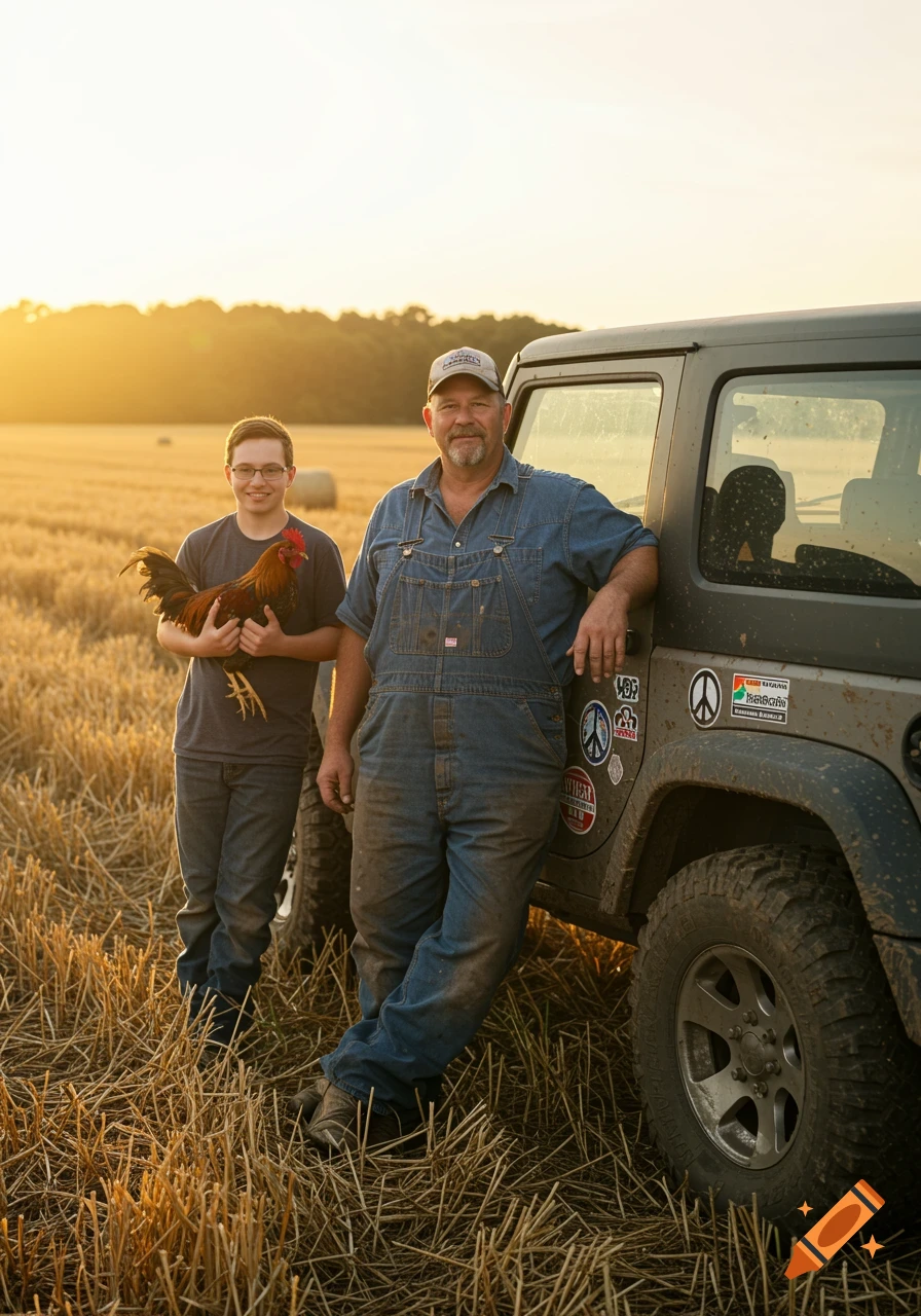 Man and boy with rooster lean against a jeep in a field at sunset. on ...