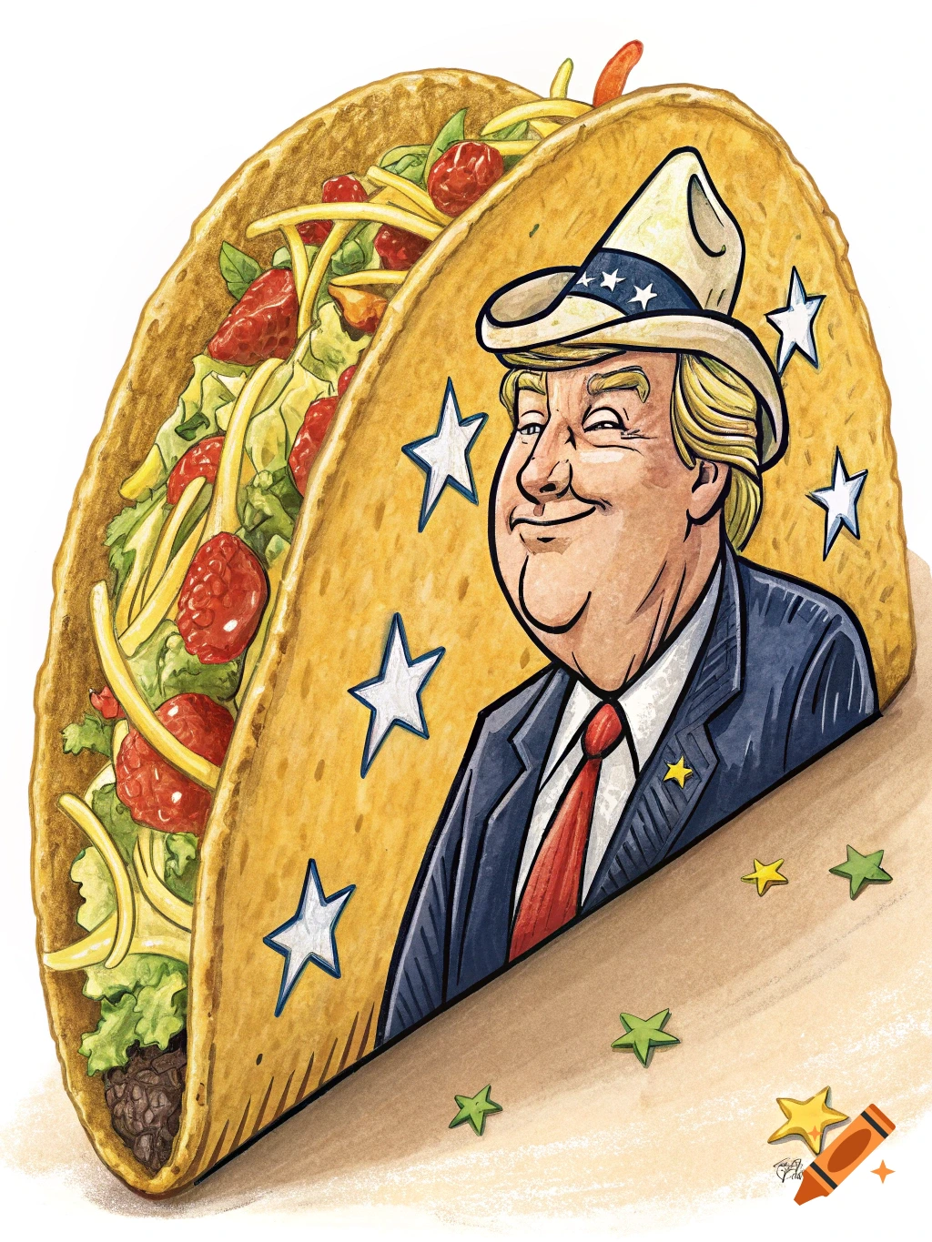 Illustration of Donald Trump's head in a taco with fixings and stars ...