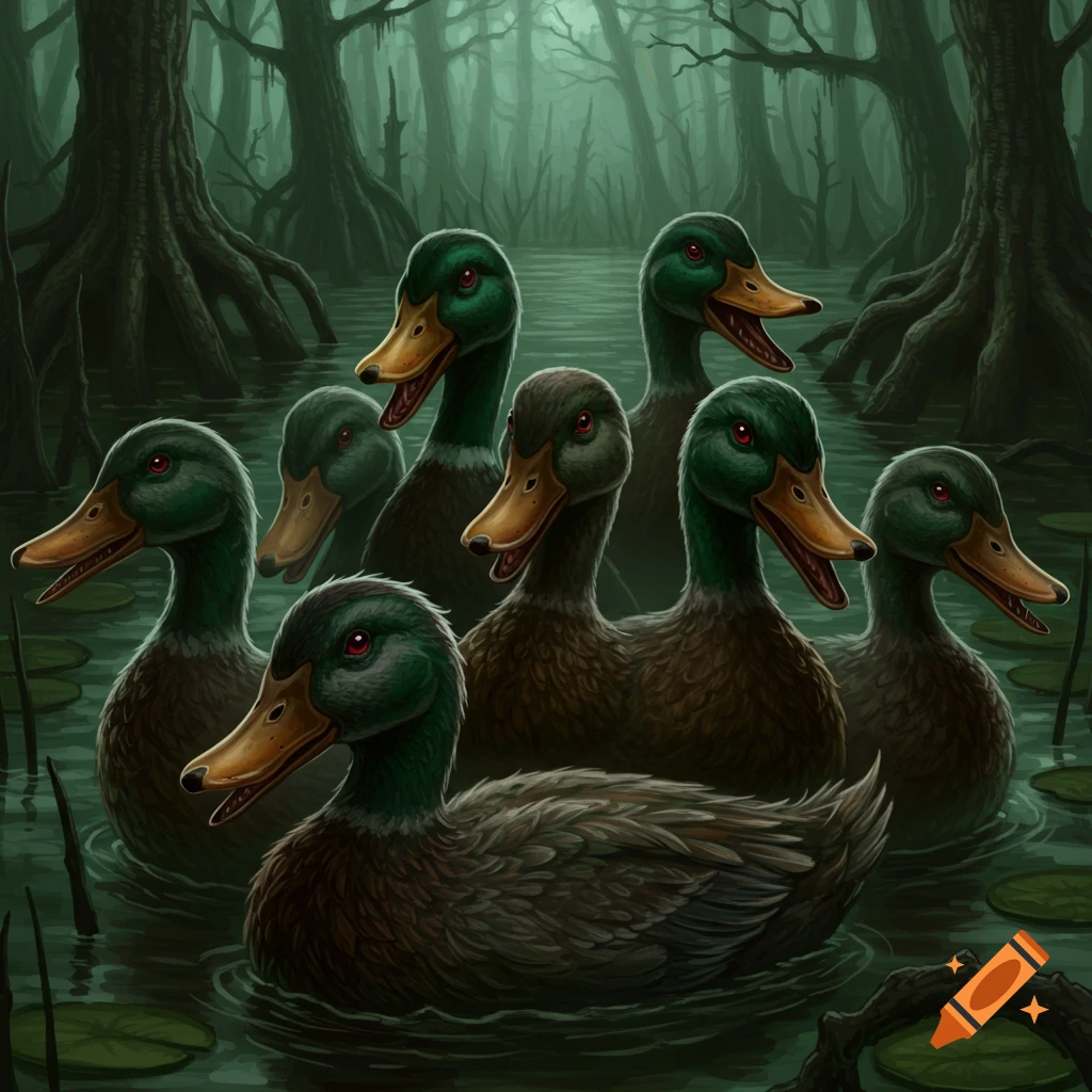 Group of ducks with red eyes in a dark, misty swamp. on Craiyon