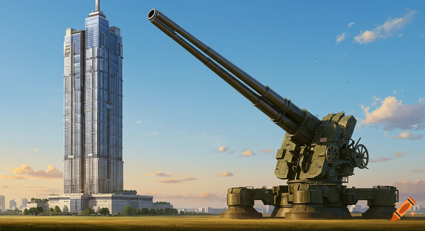 A giant anti-aircraft gun sits in a field next to a massive skyscraper ...