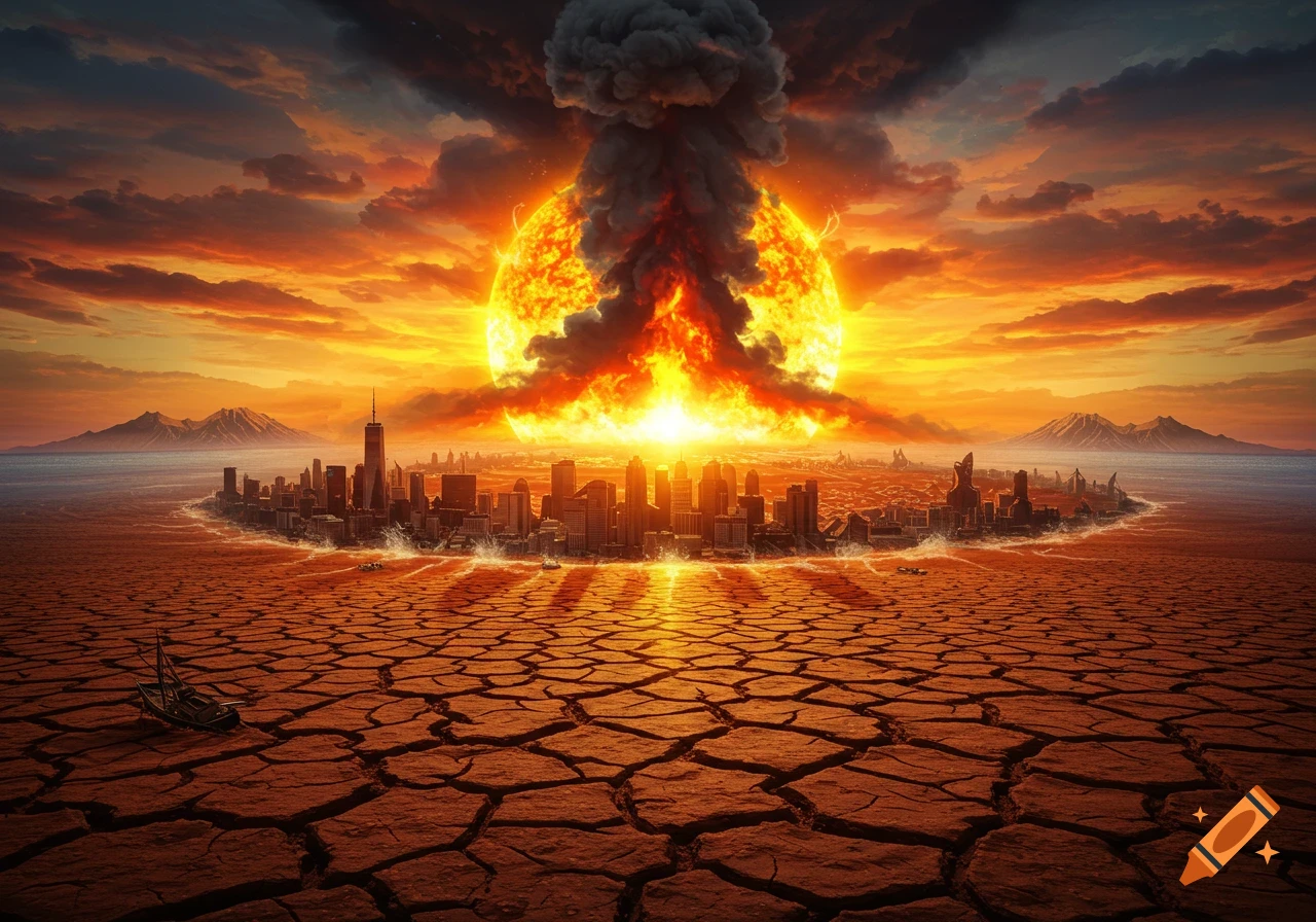 City destroyed by a massive fiery explosion under an orange sky with ...