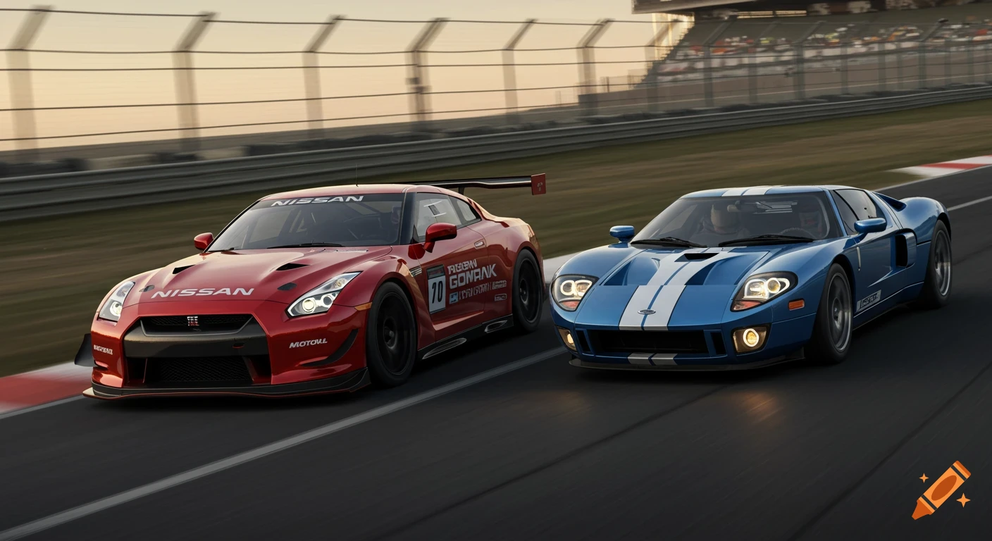 A red Nissan GT-R and a blue Ford GT race side-by-side on a track at ...